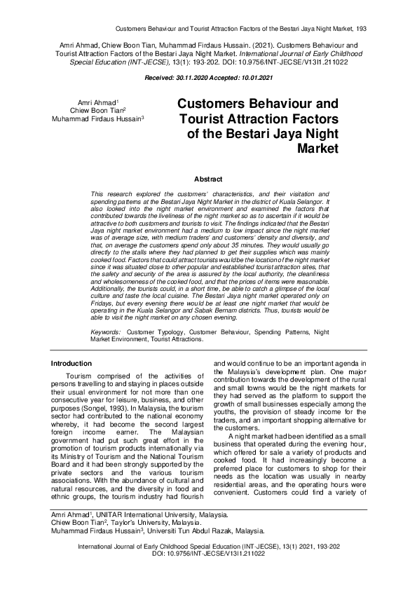 (PDF) Customers Behaviour and Tourist Attraction Factors of the Bestari ...