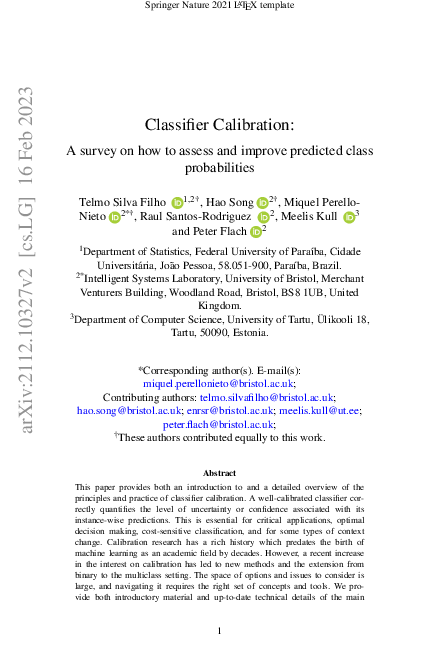 (PDF) Classifier Calibration: A survey on how to assess and improve predicted class probabilities