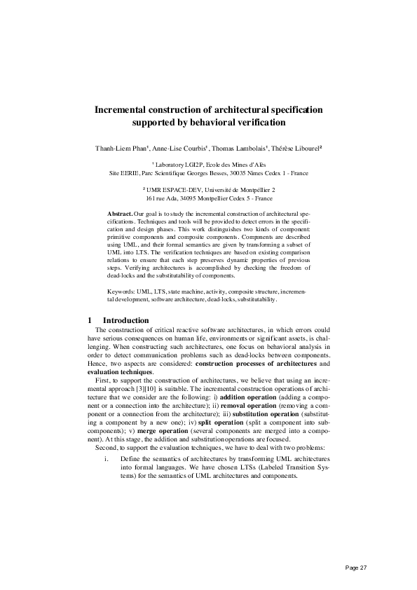 (PDF) Incremental construction of architectural specification supported by behavioral verification