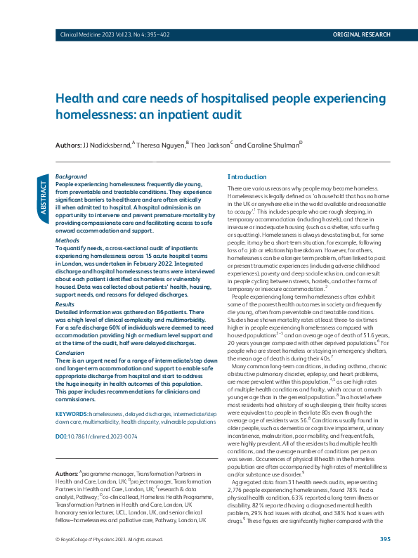(PDF) Health and care needs of hospitalised people experiencing ...