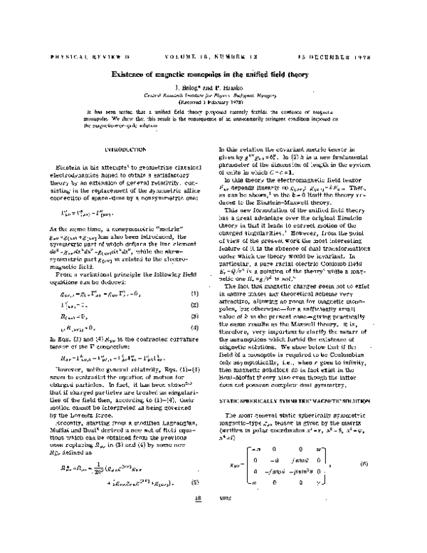 Pdf Existence Of Magnetic Monopoles In The Unified Field Theory Péter Hraskó