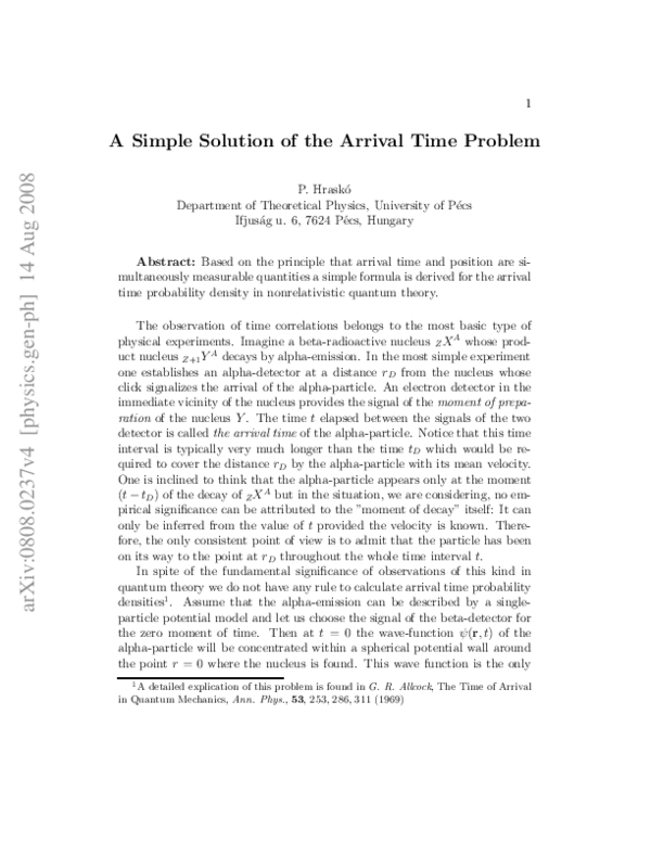 (PDF) A Simple Solution of the Arrival Time Problem
