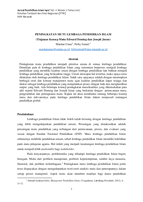 (PDF) Peningkatan Mutu Lembaga Pendidikan Islam (Tinjauan Konsep Mutu Edward Deming dan Joseph ...
