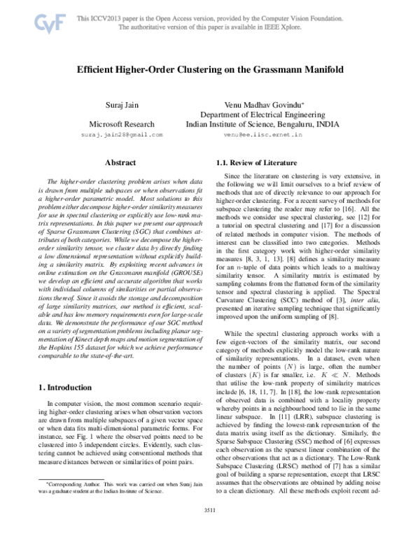 (PDF) Efficient Higher-Order Clustering on the Grassmann Manifold