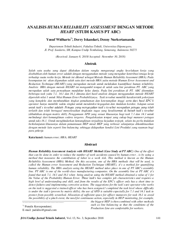 (PDF) Analisis Human Reliability Assessment Dengan Metode Heart (Studi Kasus PT Abc)