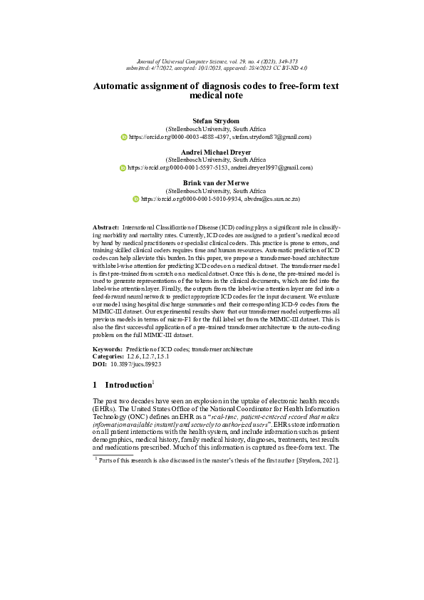 (PDF) Automatic assignment of diagnosis codes to free-form text medical ...