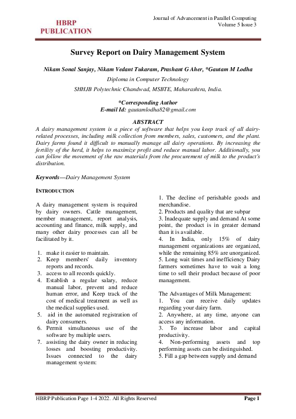 (PDF) Survey Report on Dairy Management System