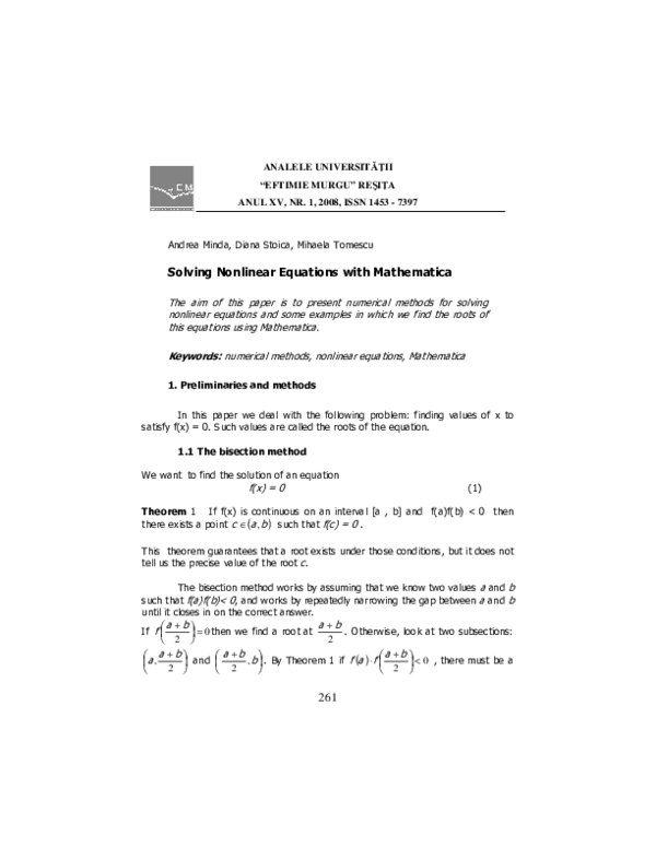 (PDF) Solving Nonlinear Equations with Mathematica