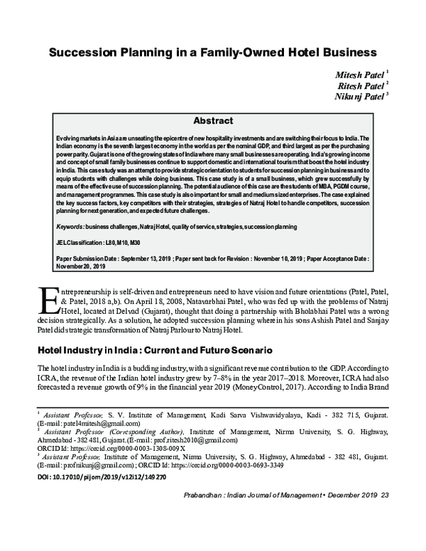 (PDF) Succession Planning in a Family-Owned Hotel Business