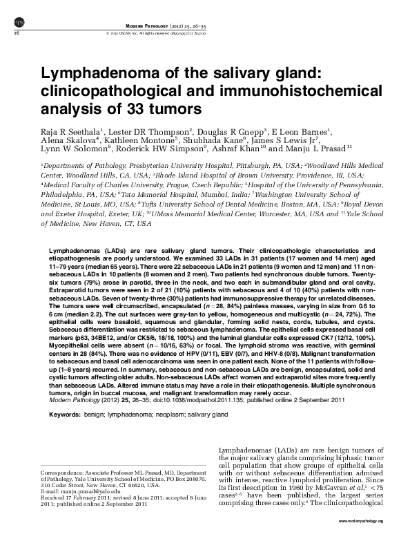 (PDF) Lymphadenoma of the salivary gland: clinicopathological and ...