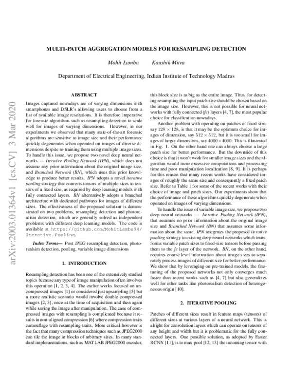 (PDF) Multi-Patch Aggregation Models for Resampling Detection | Mohit Lamba - Academia.edu