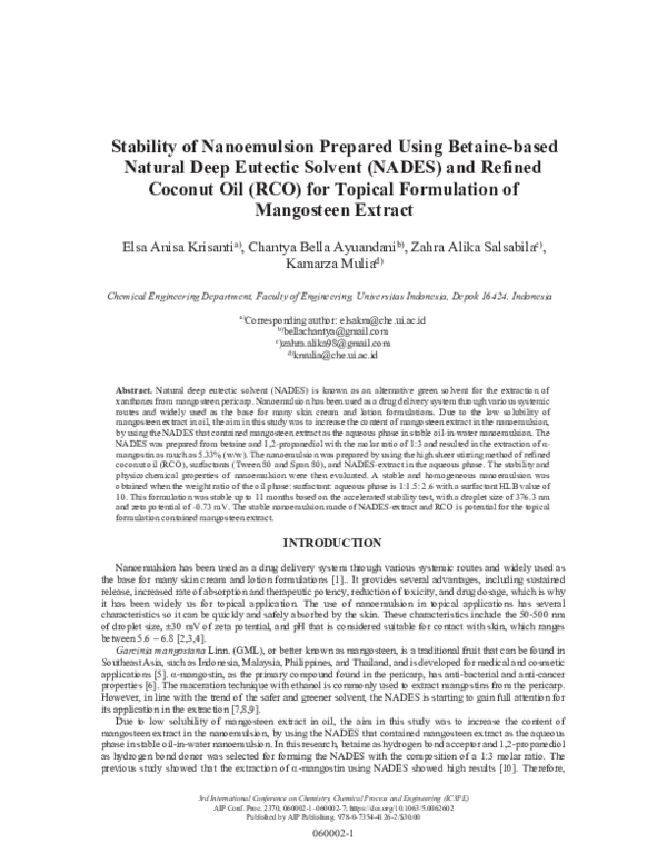 (PDF) Stability of nanoemulsion prepared using betaine-based natural deep eutectic solvent ...