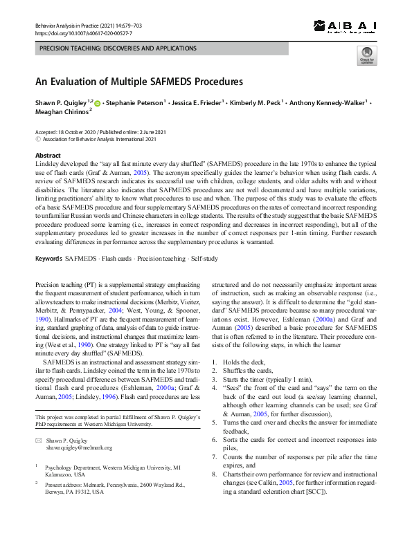 (PDF) An Evaluation of Multiple SAFMEDS Procedures | Anthony Kennedy - Academia.edu
