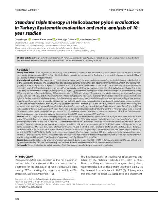 (PDF) Standard triple therapy in Helicobacter pylori eradication in Turkey: Systematic ...