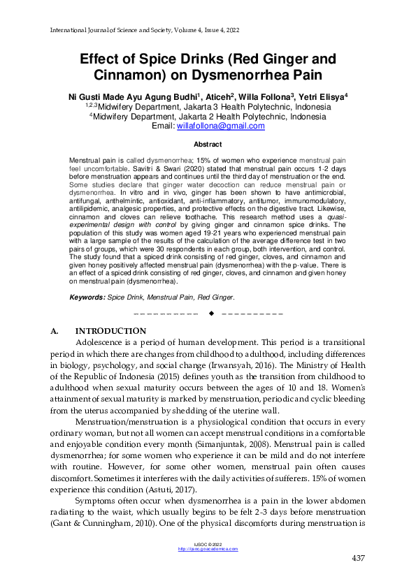 (PDF) Effect of Spice Drinks (Red Ginger and Cinnamon) on Dysmenorrhea Pain
