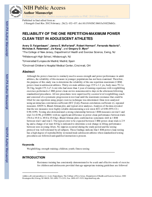(PDF) Reliability of the One-Repetition-Maximum Power Clean Test in ...