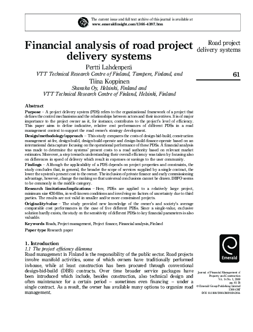 (PDF) Financial analysis of road project delivery systems