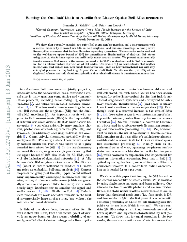 (PDF) Beating the One-Half Limit of Ancilla-Free Linear Optics Bell ...