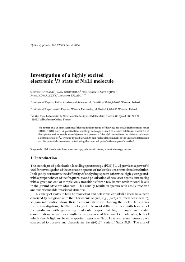 (PDF) Investigation of highly excited electronic 1Π states in KLi molecule