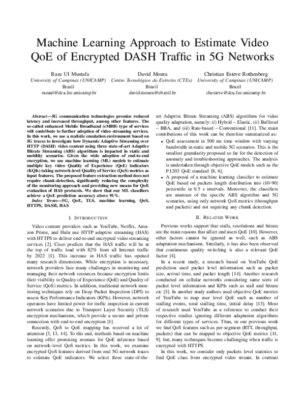 (PDF) Machine Learning Approach to Estimate Video QoE of Encrypted DASH Traffic in 5G Networks