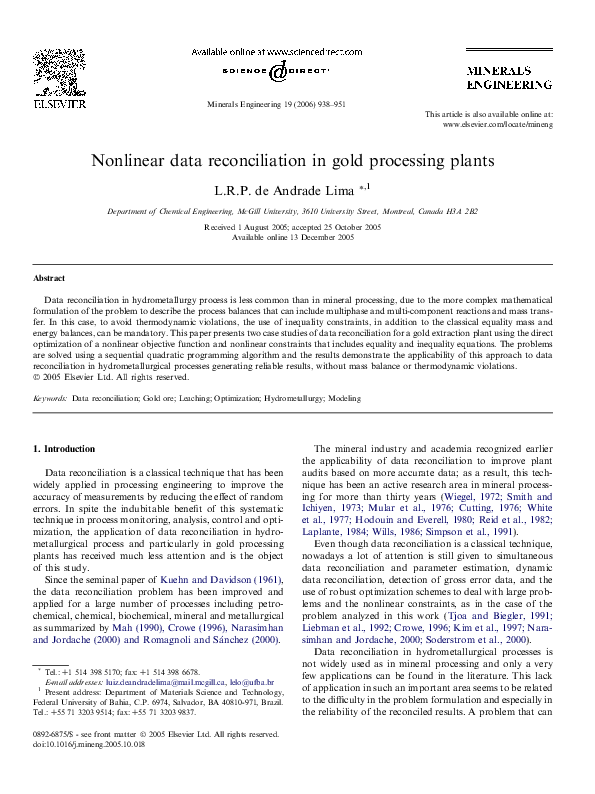 Pdf Nonlinear Data Reconciliation In Gold Processing Plants