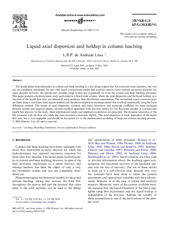 (PDF) Liquid axial dispersion and holdup in column leaching