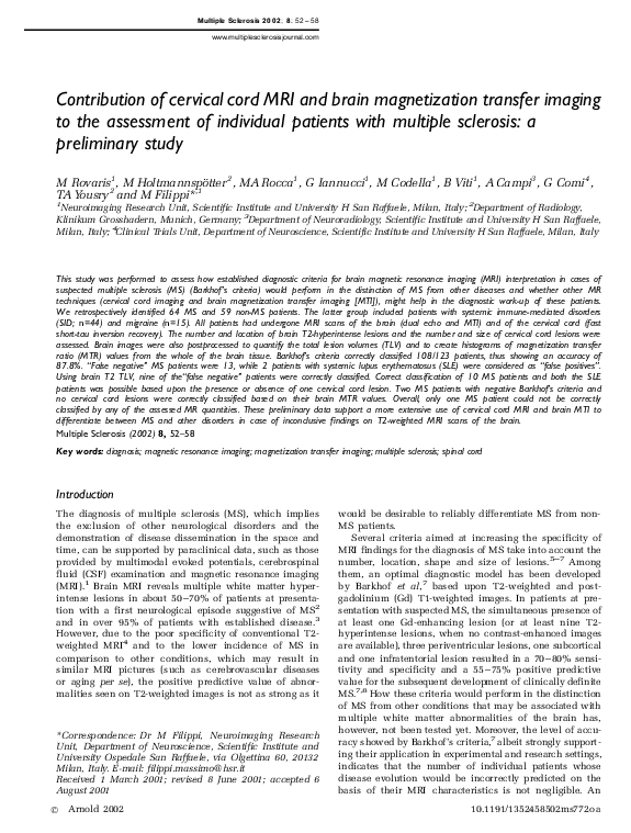 (PDF) Contribution of cervical cord MRI and brain magnetization transfer imaging to the ...