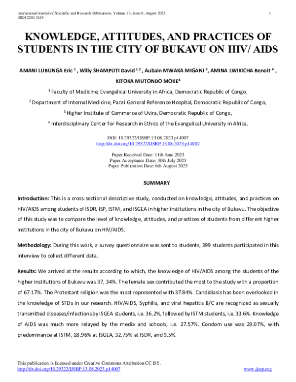 (PDF) KNOWLEDGE, ATTITUDES, AND PRACTICES OF STUDENTS IN THE CITY OF BUKAVU ON HIV/ AIDS