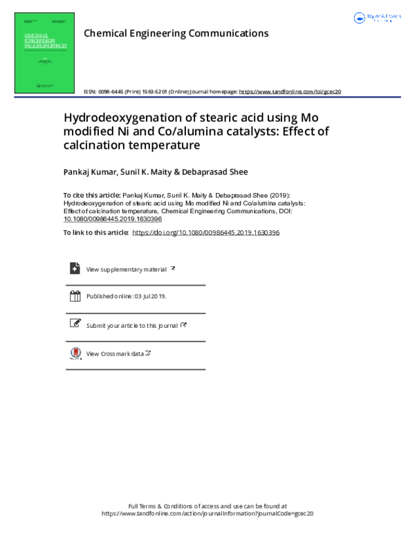 (PDF) Hydrodeoxygenation of stearic acid using Mo modified Ni and Co/alumina catalysts: Effect ...