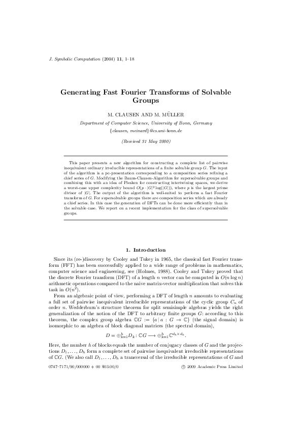 (PDF) Generating fast Fourier transforms of solvable groups | M. Clausen - Academia.edu