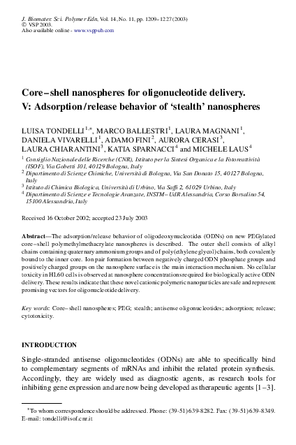 (PDF) Core–shell nanospheres for oligonucleotide delivery. V ...