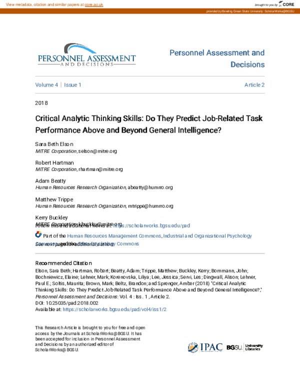 (PDF) Critical Analytic Thinking Skills: Do They Predict Job-Related Task Performance Above and ...