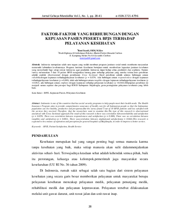 (PDF) Faktor-Faktor Yang Berhubungan Dengan Kepuasan Pasien Peserta BPJS Terhadap Pelayanan ...