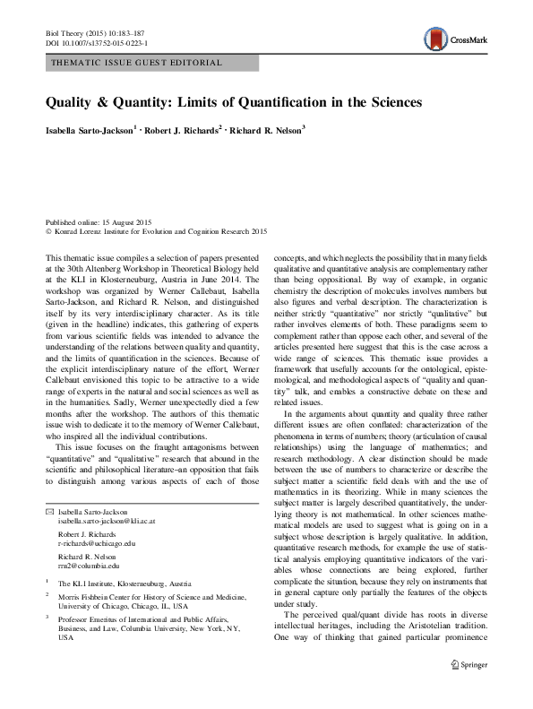 (PDF) Quality & Quantity: Limits of Quantification in the Sciences