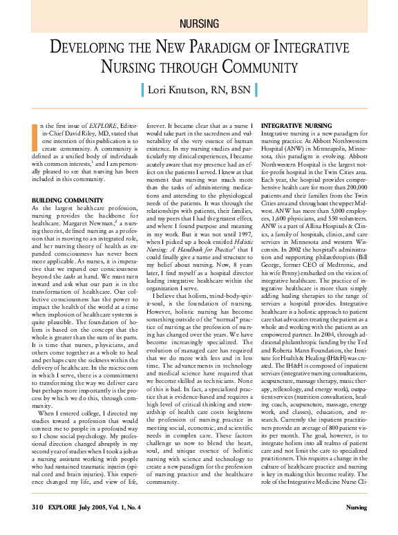 (PDF) Developing the New Paradigm of Integrative Nursing through Community