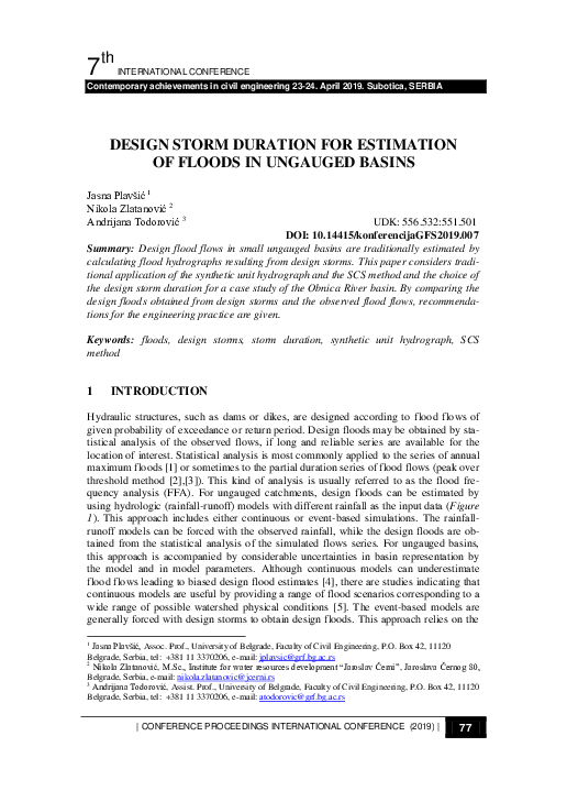 (PDF) Design Storm Duration for Estimation of Floods in Ungauged Basins