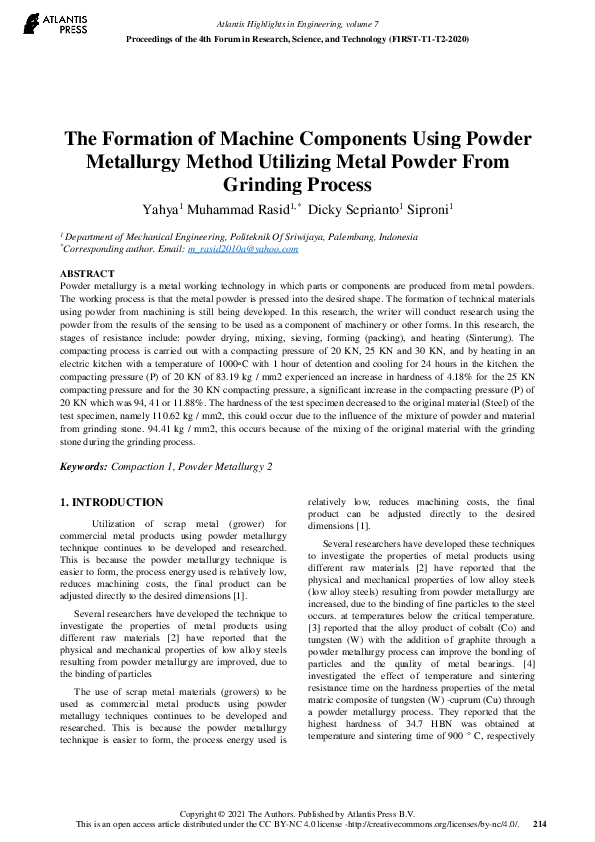 (PDF) The Formation of Machine Components Using Powder Metallurgy Method Utilizing Metal Powder ...