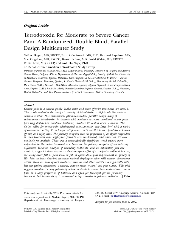 (PDF) Tetrodotoxin for Moderate to Severe Cancer Pain: A Randomized ...