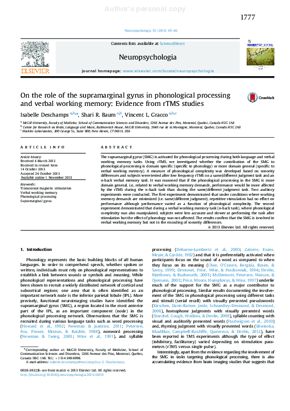 (PDF) On the role of the supramarginal gyrus in phonological processing and verbal working ...