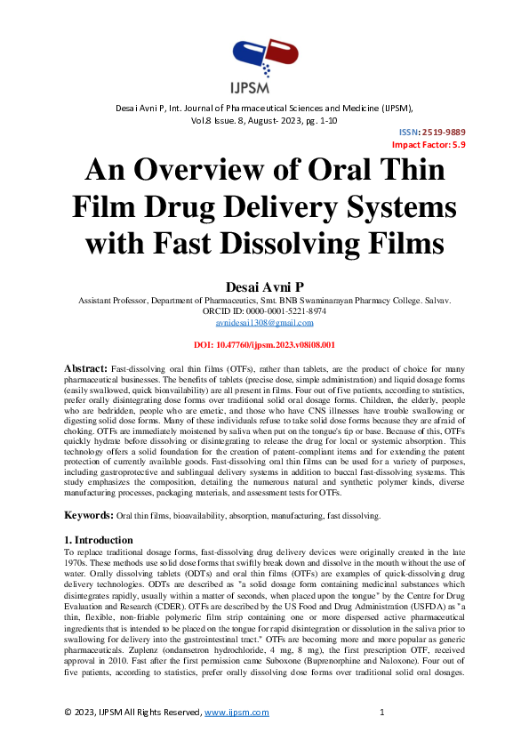 (PDF) An Overview of Oral Thin Film Drug Delivery Systems with Fast ...