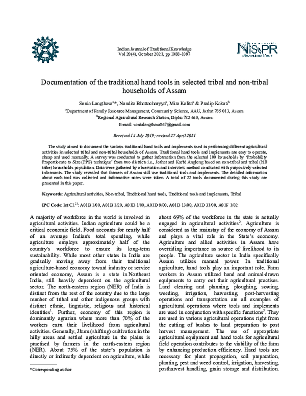 (PDF) Documentation of the traditional hand tools in selected tribal ...
