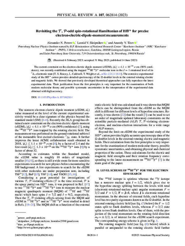 (PDF) Revisiting the T,P -odd spin-rotational Hamiltonian of HfF+ for ...