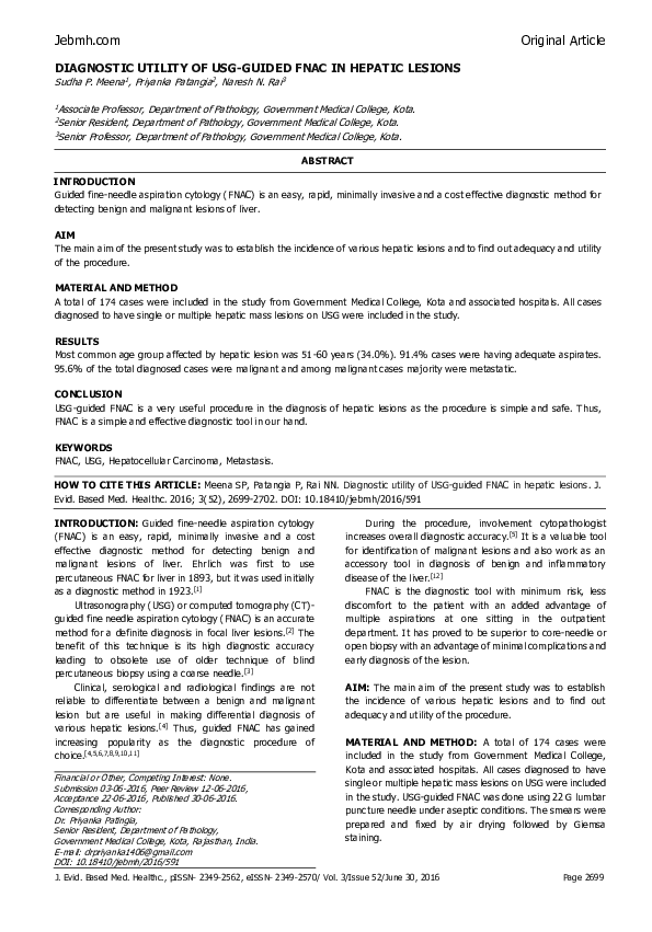 (PDF) Diagnostic Utility of Usg-Guided Fnac in Hepatic Lesions