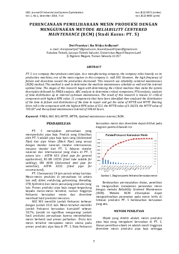 (PDF) PERENCANAAN PEMELIHARAAN MESIN PRODUKSI DENGAN MENGGUNAKAN METODE ...