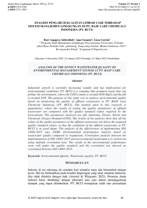 (PDF) Analisis Pengaruh Kualitas Limbah Cair Terhadap Sistem Manajemen ... (PDF) Analisis Pengaruh Kualitas Limbah Cair Terhadap Sistem Manajemen ...