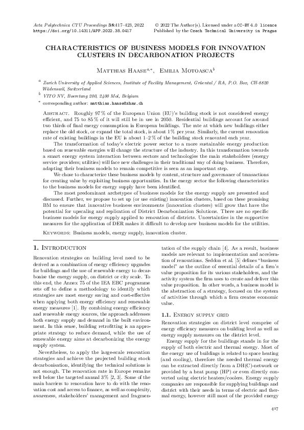 (PDF) Characteristics of business models for innovation clusters in decarbonation projects