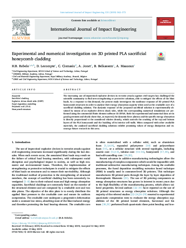 (PDF) Experimental and numerical investigation on 3D printed PLA sacrificial honeycomb cladding