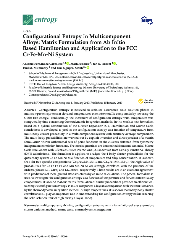 (PDF) Configurational Entropy in Multicomponent Alloys: Matrix Formulation from Ab Initio Based ...