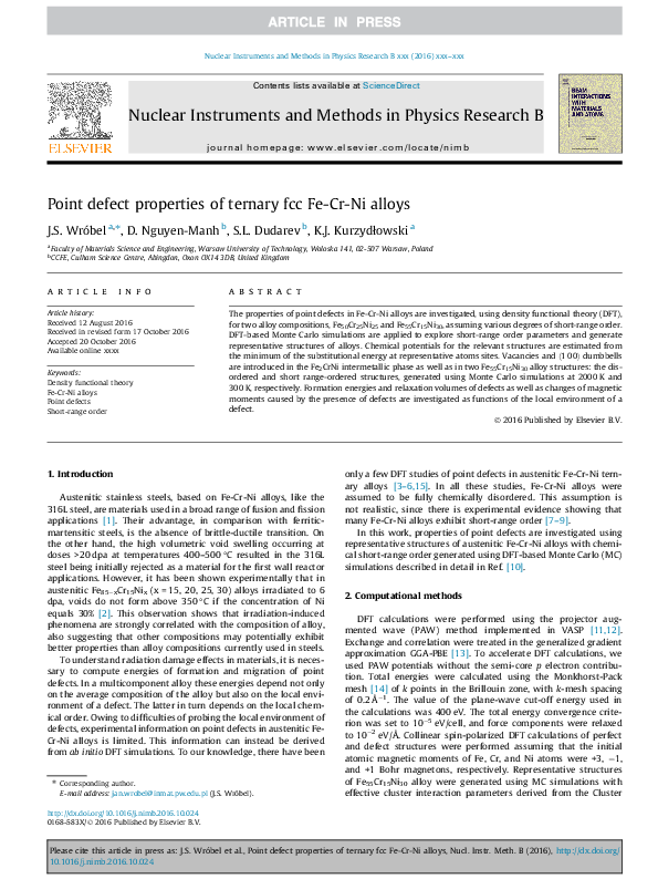 (PDF) Point defect properties of ternary fcc Fe-Cr-Ni alloys
