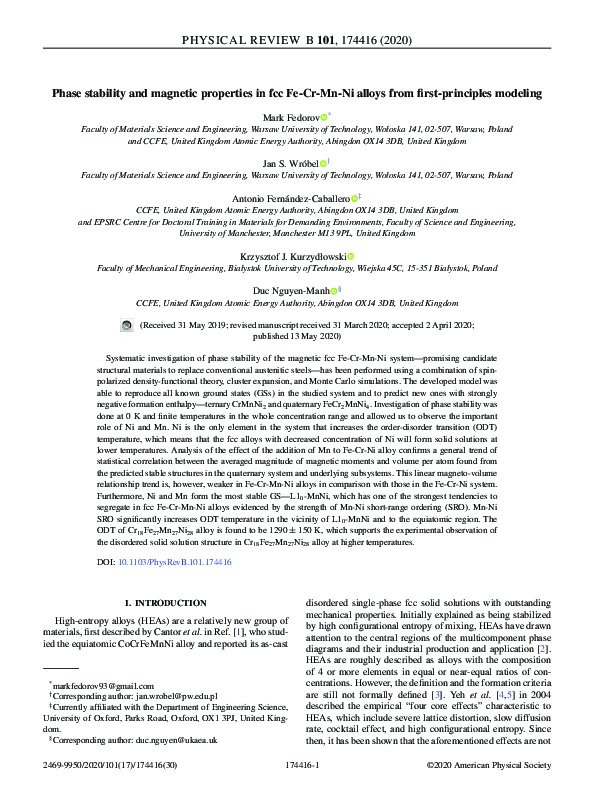 (PDF) Phase stability and magnetic properties in fcc Fe-Cr-Mn-Ni alloys from first-principles ...